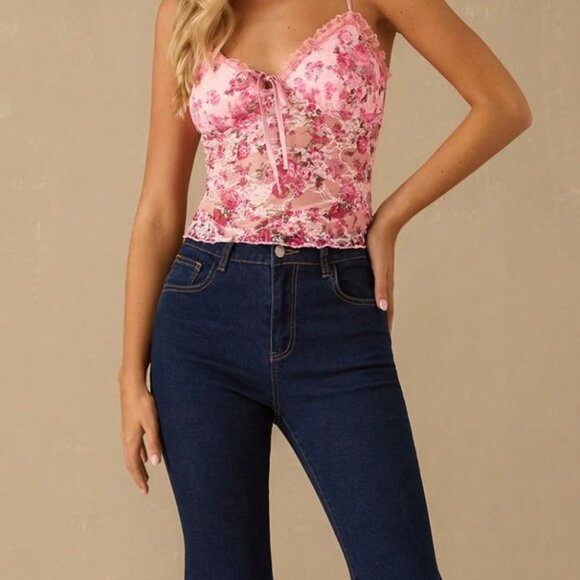 Tops | Pink Boho Womens Romantic Floral Embroidered Lace Cami Top ...